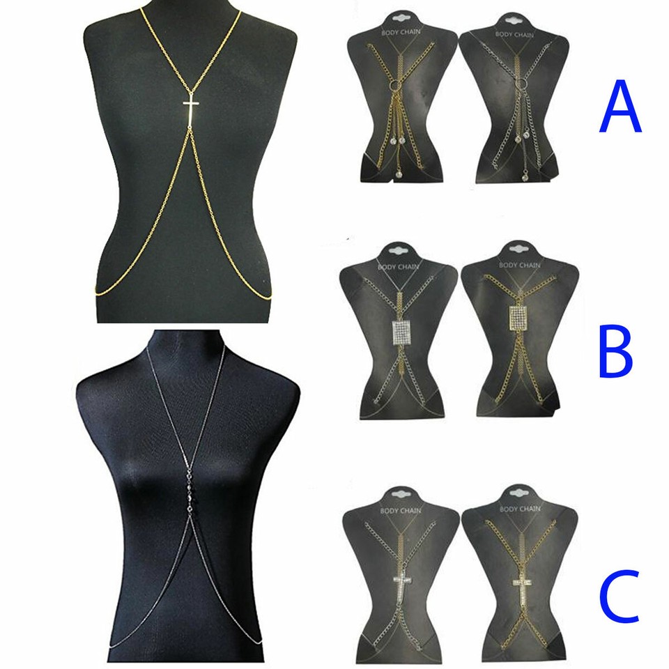 Women Full Metal Body Chain Chest Crystal Rhinestone Harness Bra Bikini ...