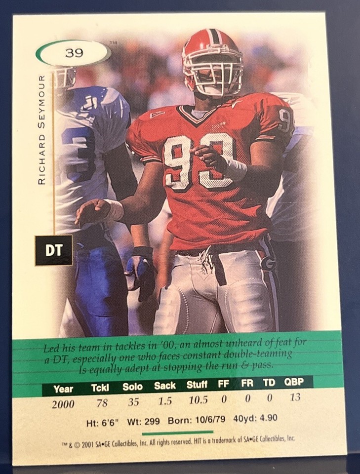 Richard Seymour 2001 SAGE HIT Card #39 Georgia Bulldogs/New England ...