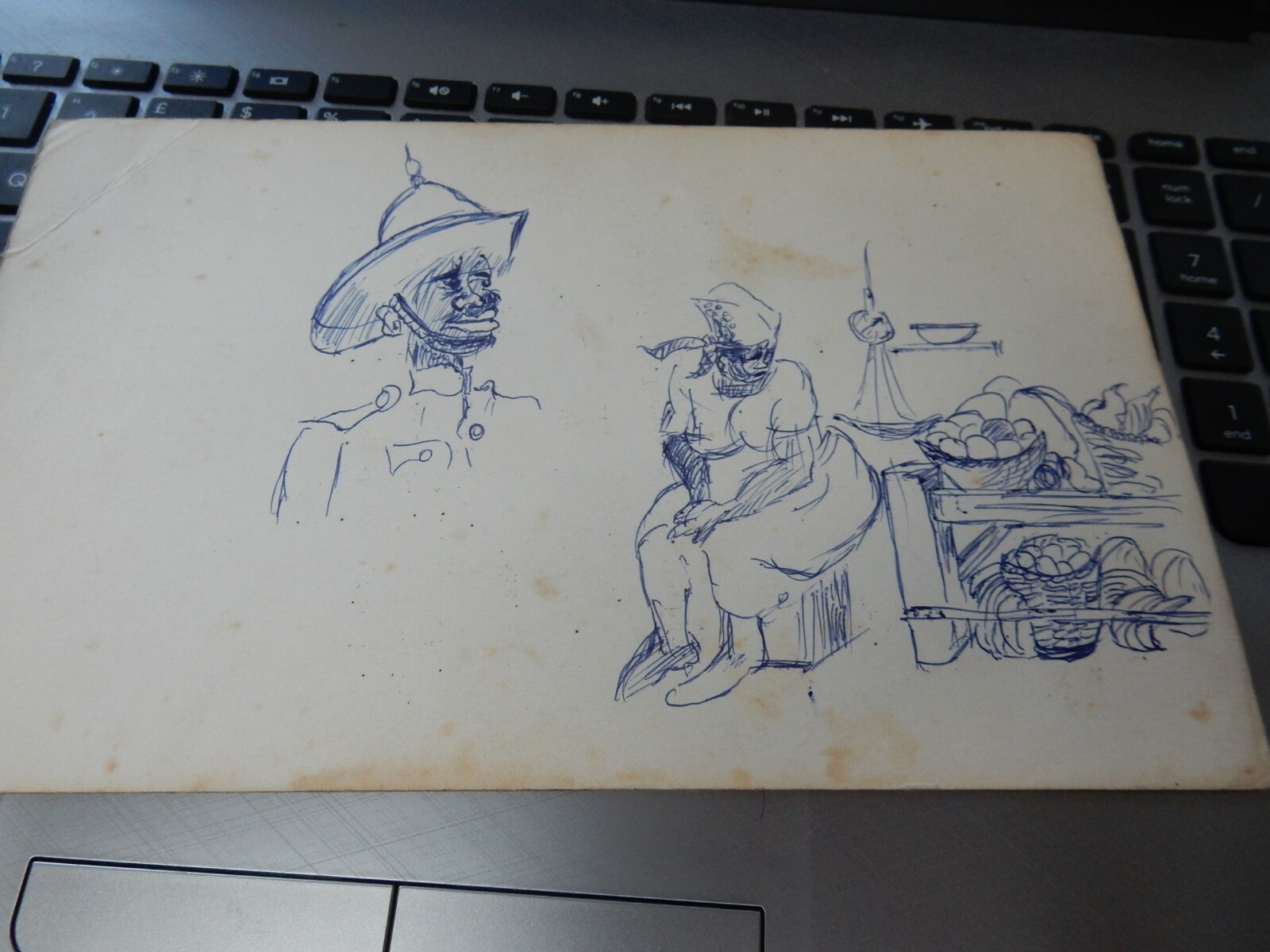 1969 TSS GOLFITO artist Caribbean ink sketch FYFFES LINE POLICE MARKET ...