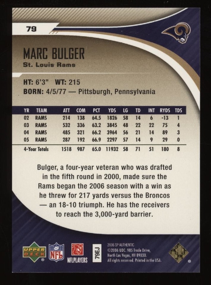 2006 Marc Bulger Upper Deck SP Authentic GOLD #09/25 *NICE* | eBay