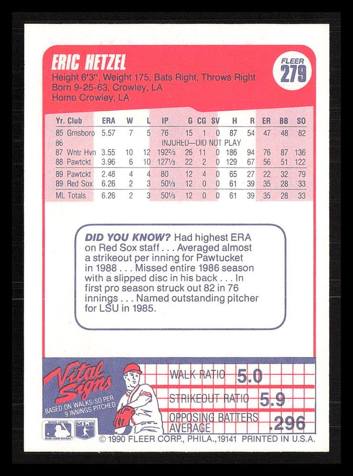 Eric Hetzel 1990 Fleer #279 Boston Red Sox | eBay
