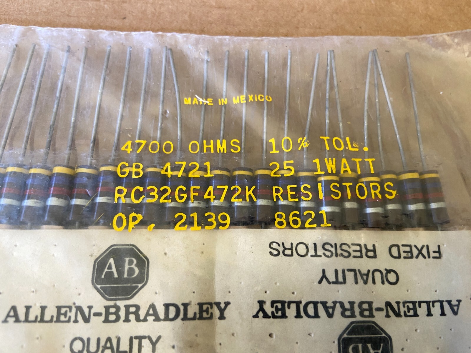 25 NOS Allen Bradley 4.7k ohm 1 watt 1W 10% Carbon Comp Resistors 4700 ...
