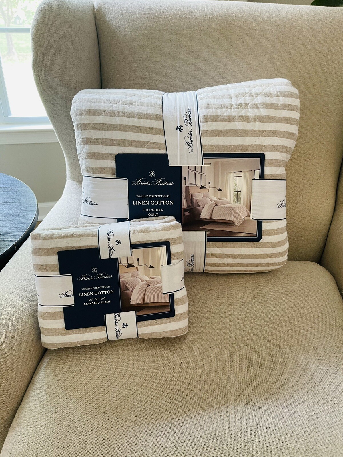 Brooks Brothers Linen Cotton Quilt And 2 Shams Quilted Striped Set | eBay