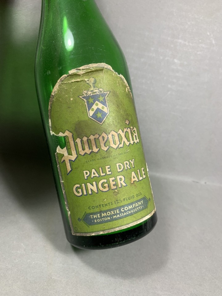 Rare Pureoxia Pale Dry Ginger Ale Green Glass Soda Bottle MOXIE Paper ...