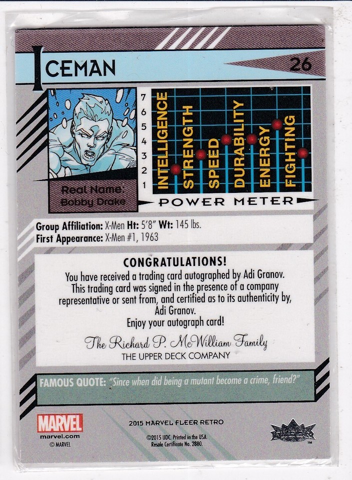 2015 UD Fleer Marvel Retro #26 Iceman Base On Card Auto By Adi Granov | eBay