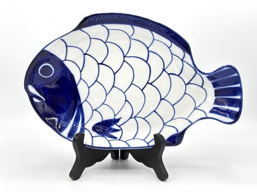 Vintage Dansk Fish Shaped Ceramic Plate Blue White Nautical Scandi ...