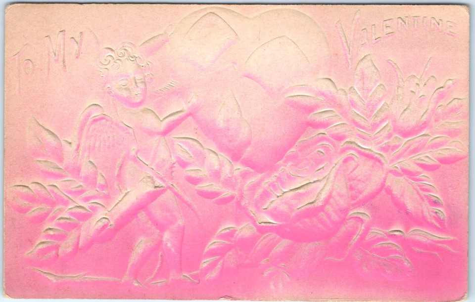 c1900s Pink Embossed TO MY VALENTINE Postcard Cute Cupid Spray Painted ...