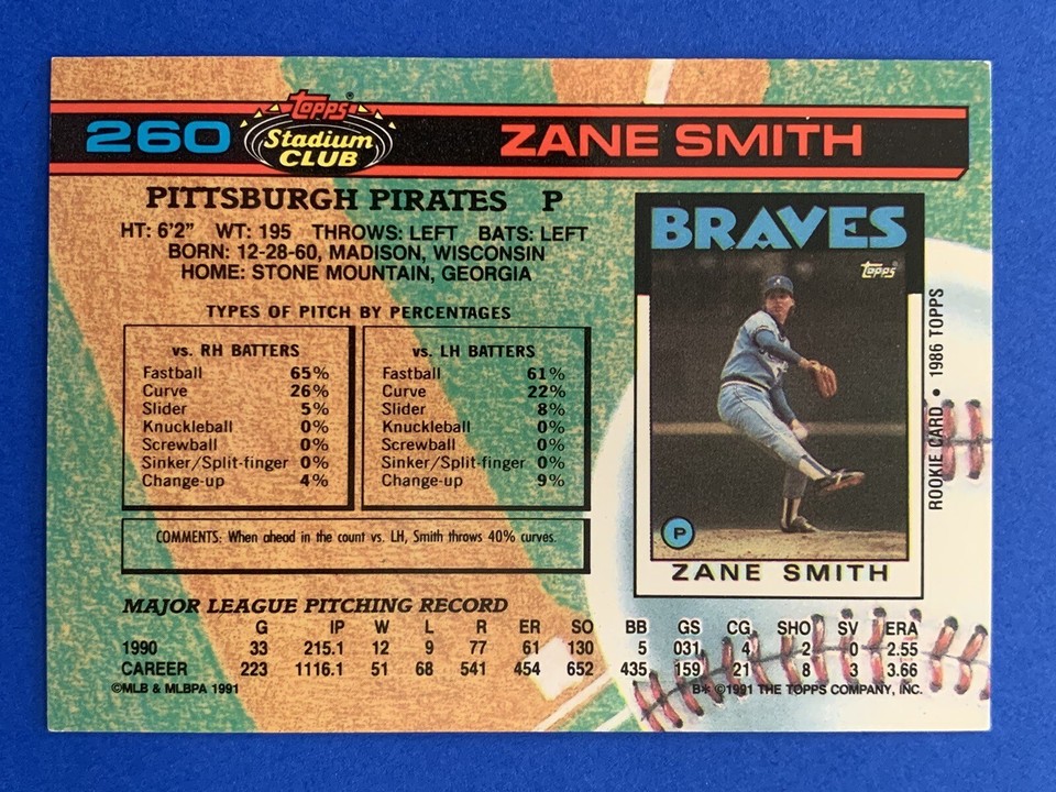 ZANE SMITH Signed 1991 TSC #260 PITTSBURGH PIRATES-ATLANTA BRAVES ...