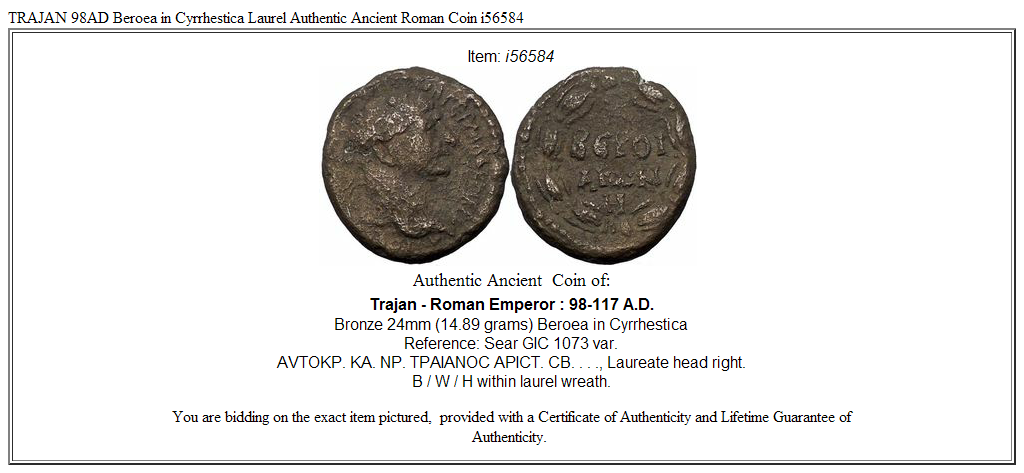 TRAJAN 98AD Beroea in Cyrrhestica Laurel Authentic Ancient Roman Coin ...