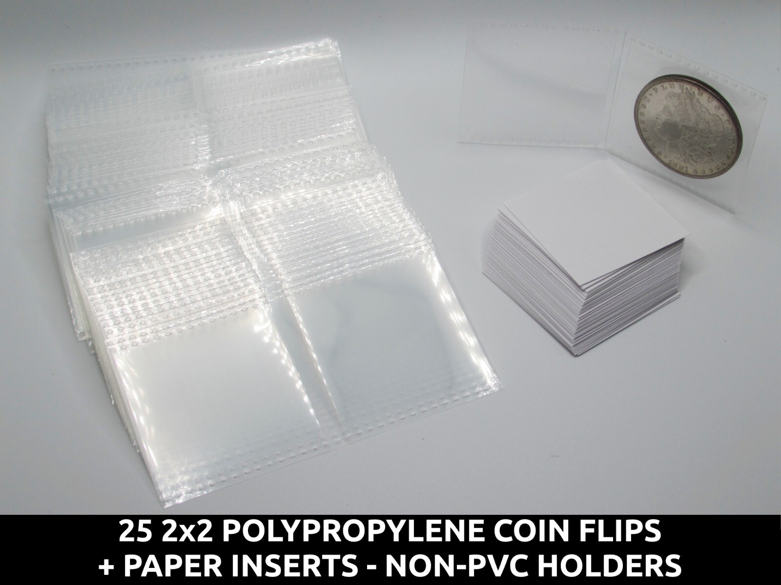 25 2" Polypropylene Coin Flips+paper inserts - 2x2 plastic PVC-free ...