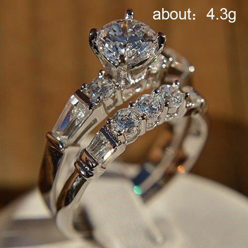 Fashion Women 925 Silver Filled Wedding Set Ring Round Cut Cubic Zircon ...