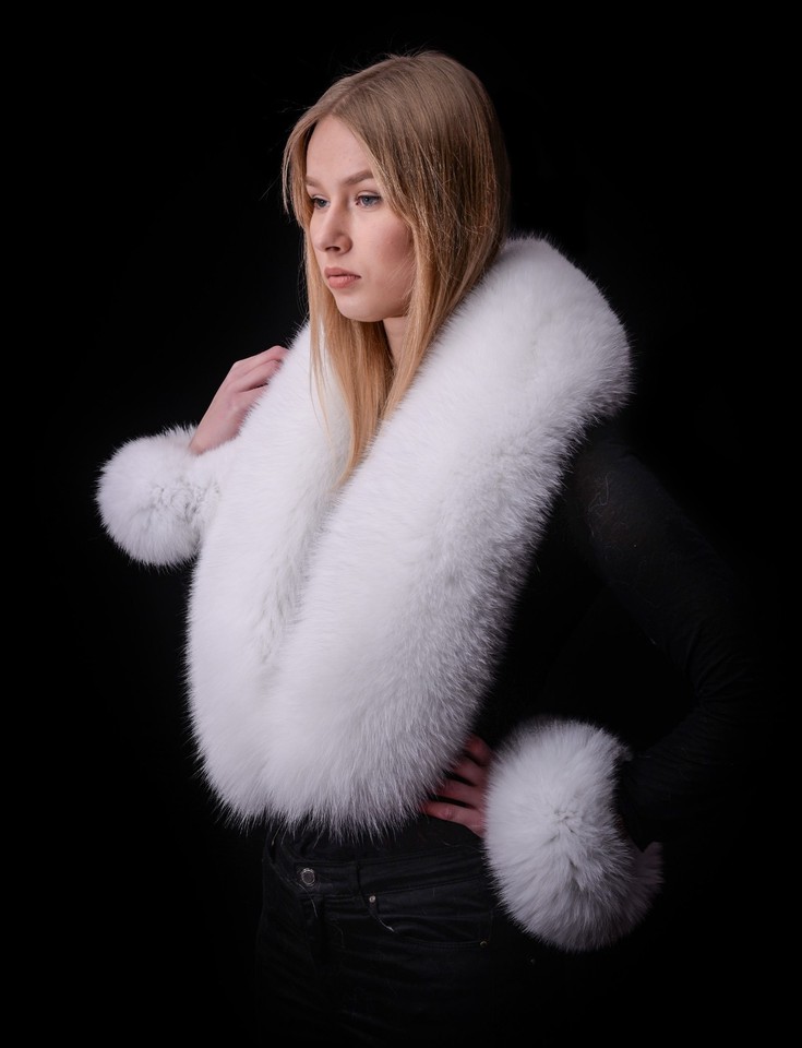 Saga Furs Natural Snow White Arctic Fox Fur Collar Scarf Boa Shawl ...