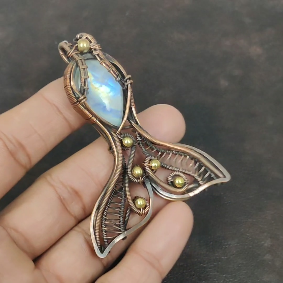 Rainbow Moonstone Wire Wrapped Fish Pendant Handcrafted Copper Ethnic 2 ...