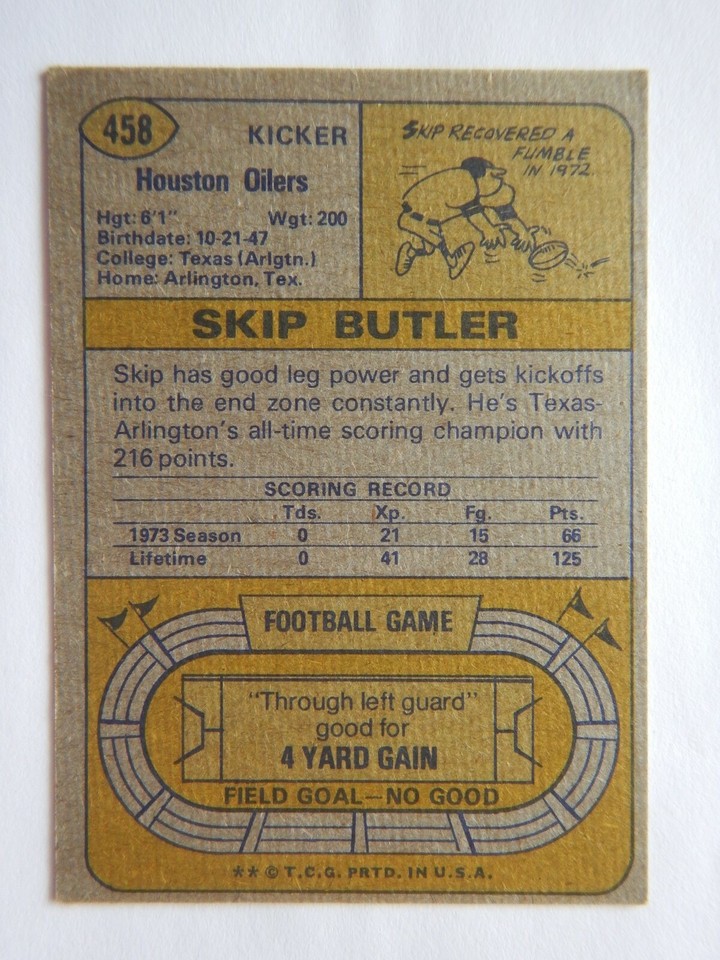 Skip Butler 1974 Topps #458 Football Card (Houston Oilers) VG | eBay