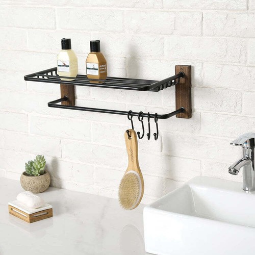 Black Metal and Burnt Wood Towel Holder Rack w/ Toiletries Shelf, 4 ...
