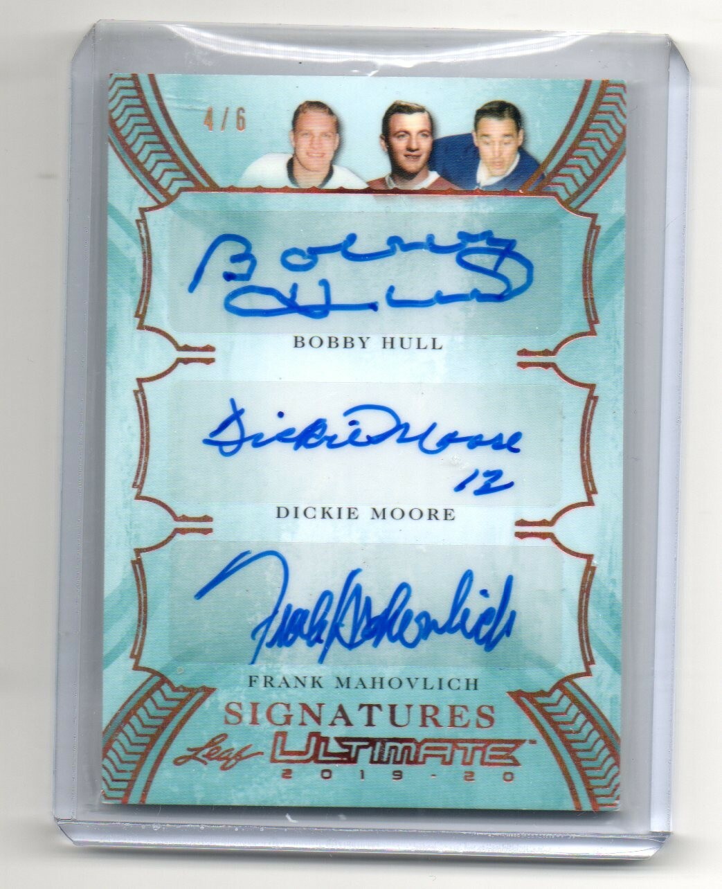 BOBBY HULL dickie MOORE frank MAHOVLICH auto *4/6* AUTOGRAPH card ...