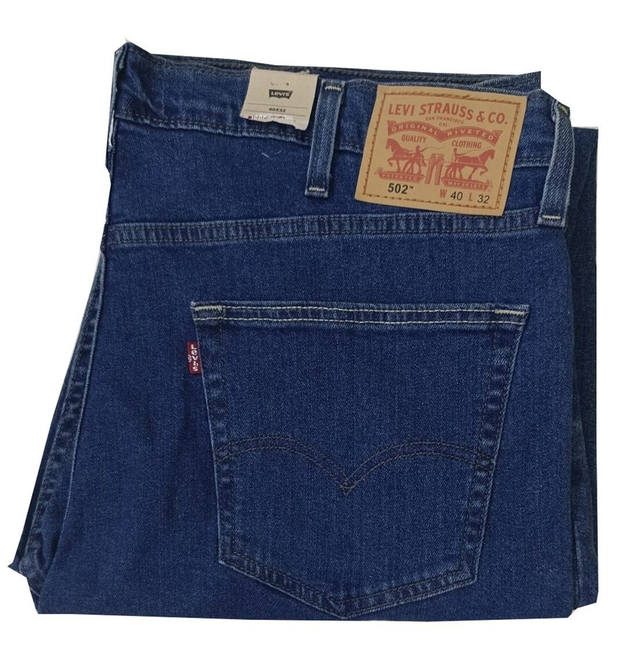 LEVIS 502 Men's Jeans Regular Taper Fit Riveted Dark Blue Stretch Denim ...
