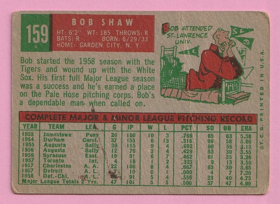 1959 Topps Baseball Card #159 Bob Shaw Chicago White Sox SET BREAK *8E ...