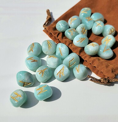 Amazonite Rune Set with Bag, Nature Gemstone, Stone Viking Runes | eBay