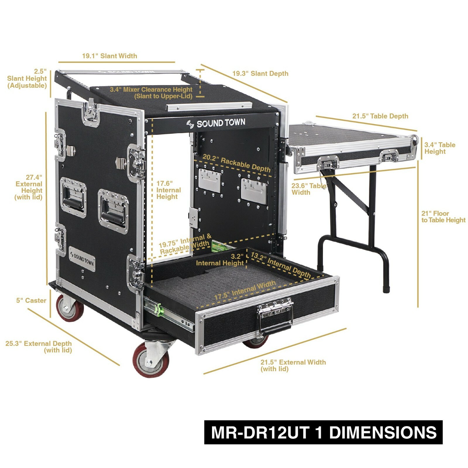 Sound Town 12U Rack Case w/ 2U Drawer, 11U Slant Mixer Top, DJ Table ...