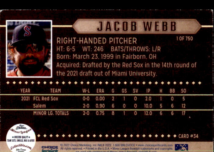 2022 Salem Red Sox Choice #34 Jacob Webb - GOOD Fairborn Ohio OH ...