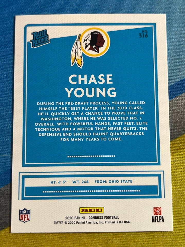 2020 Donruss Football CHASE YOUNG Washington Rated Rookie Canvas #316 ...