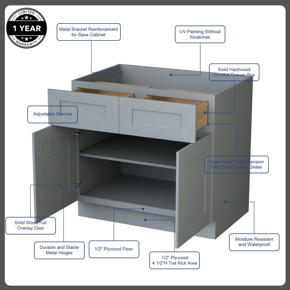 Shaker Style Unassembled Kitchen Solid Wood Base Cabinet 1 Shelf 2 Door ...