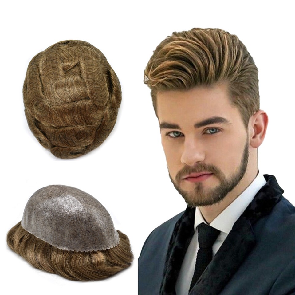 Mens Toupee Human Hair Units Thin Skin Hair System Full Poly PU Hair ...