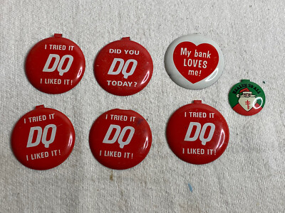 7 Vintage Pinback Pin Back Buttons Health To All Santa, DQ & My Bank ...