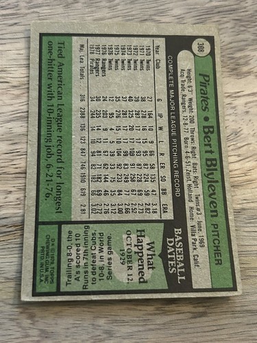 1979 Topps Baseball Card #308 Bert Blyleven Pittsburgh Pirates Number ...