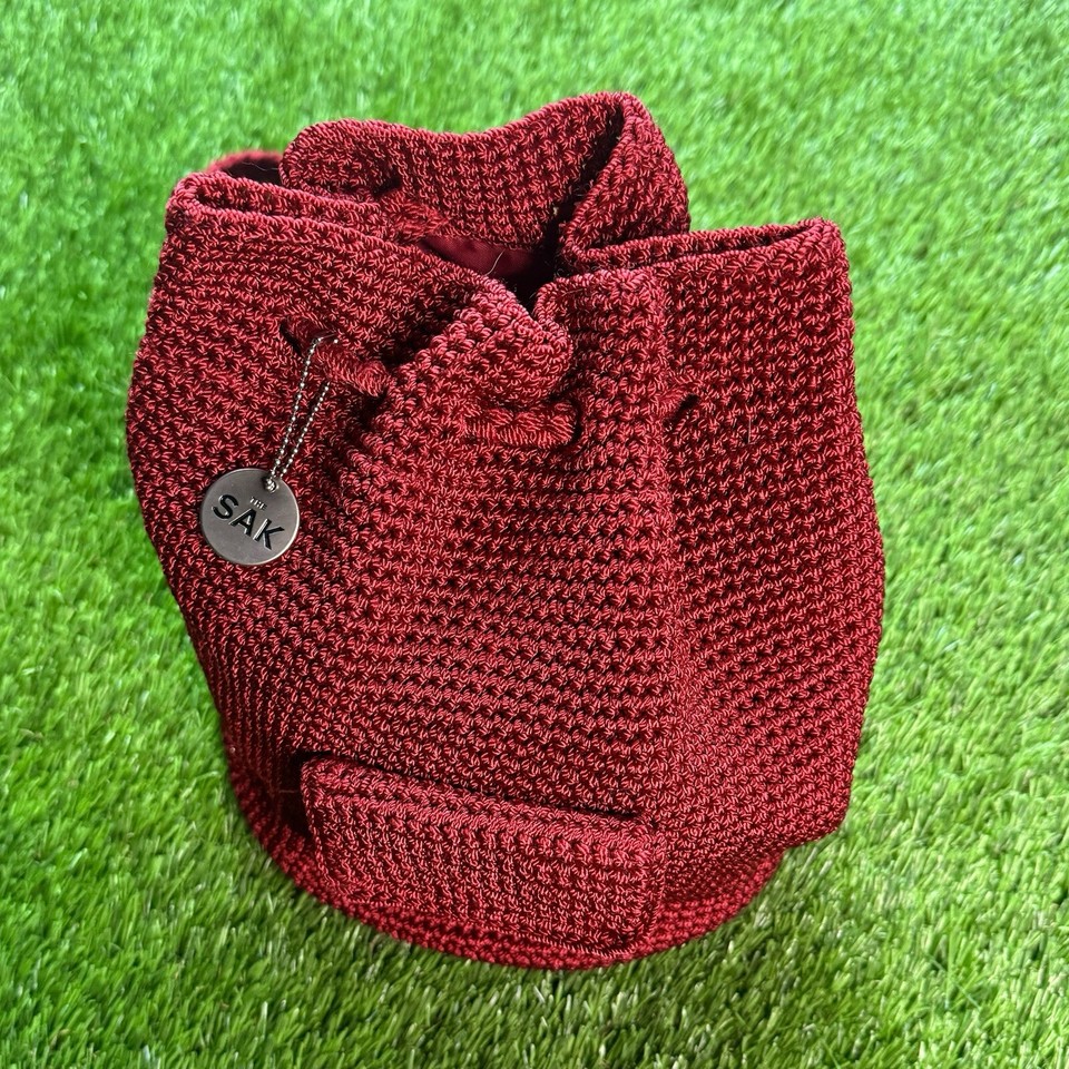 VTG The Sak Red Crochet Drawstring Backpack Knit EUC School Shoulder ...