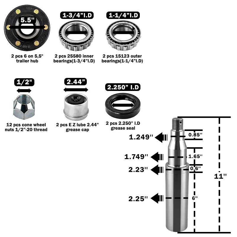 2 Set of Round Spindle For 7000# 6" x 5.5" Trailer Brake Hub Assembly ...