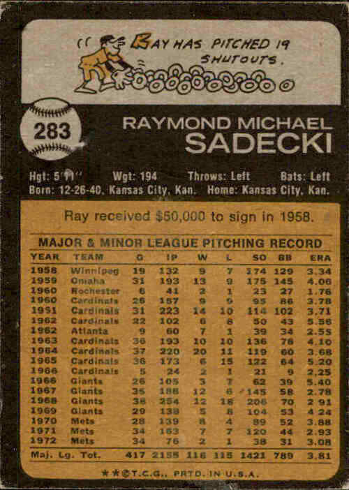 Ray Sadecki 1973 Topps #283 New York Mets Signed Baseball Card DECEASED ...
