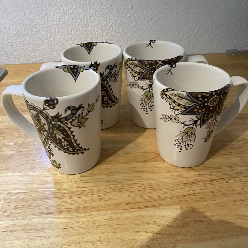 Tabletops Gallery Mugs (4) Angela Paisley Brown Green Beige Coffee Tea ...
