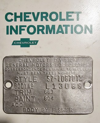 1957 Chevrolet Bel Air Convertible Trim Cowl Data Tag Inca Silver | eBay