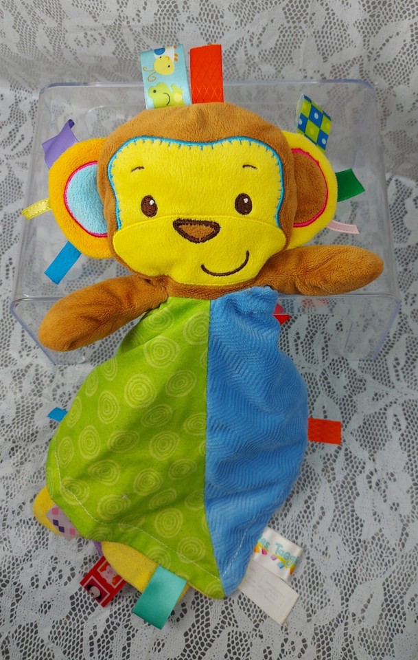 Taggies Monkey Baby Lovey Security Blanket Blue Green Colorful Ribbons ...