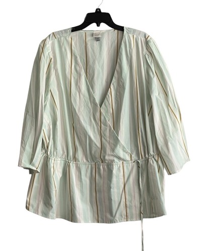 A New Day Shirt 4x Green Striped Faux Wrap Peplum Side Tie Top V Neck ...