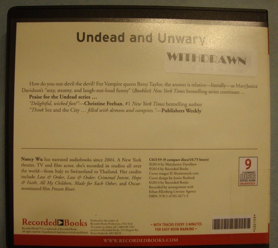 AUDIOBOOK: 'Undead and Unwary' By Mary Janice Davidson 9 CD Set~ Ex-Lib ...