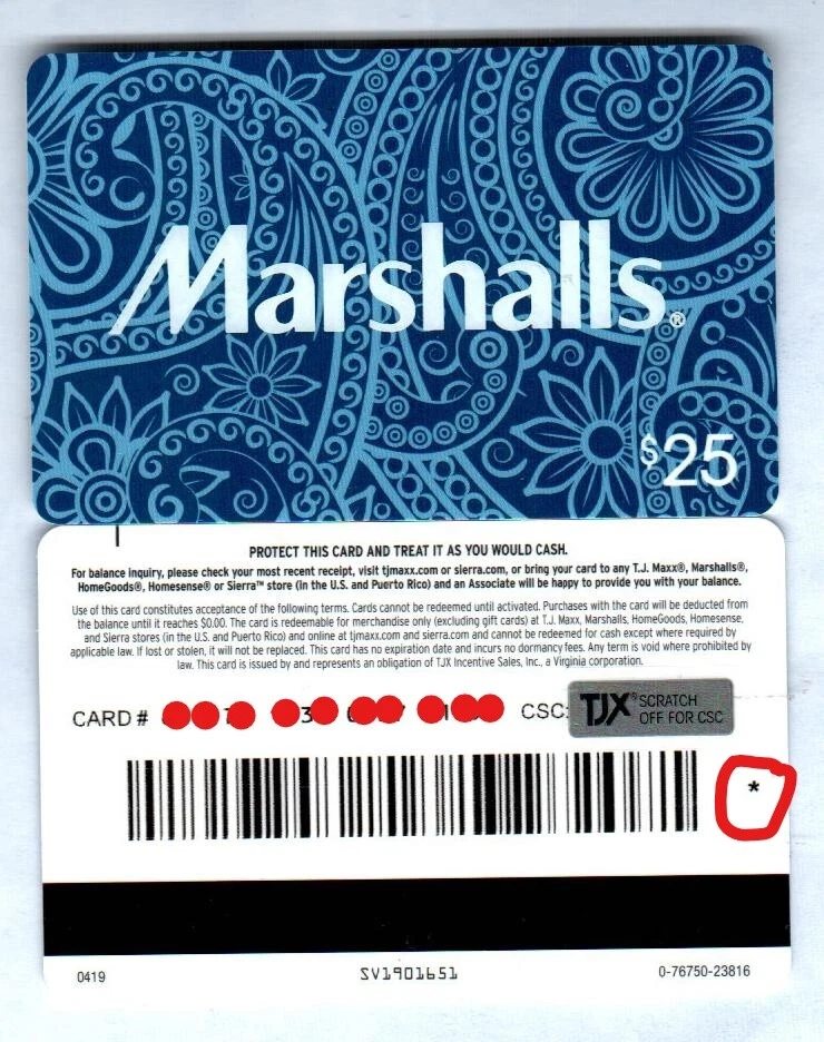 Marshalls gift card balance no csc