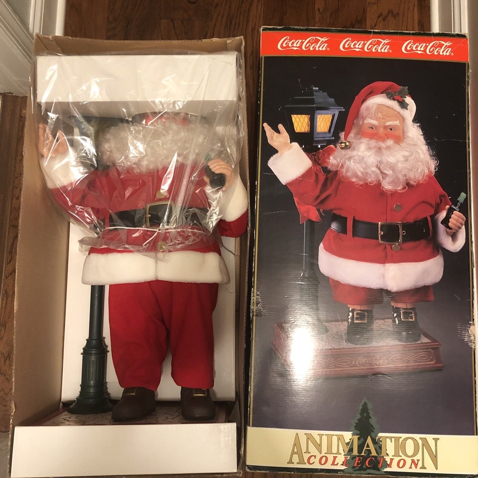 COCA COLA SANTA CLAUS ANIMATED LAMP POST 28 INCH w/BOX LIGHTS UP MOVES ...
