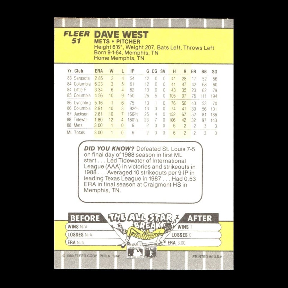 Dave West 1989 Fleer Rookie New York Mets #51 R322C 51 | eBay