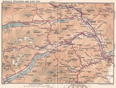 Dunkeld, Pitlochry and Loch Tay map plan. Scotland 1927 old vintage ...