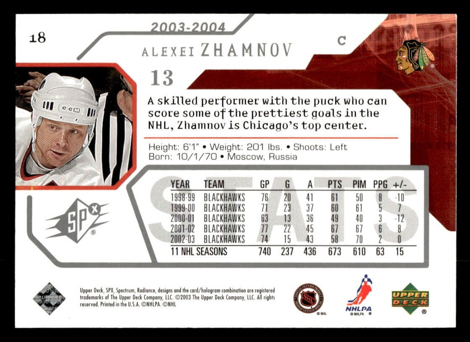 Alexei Zhamnov 2003 SPx #18 Chicago Blackhawks | eBay