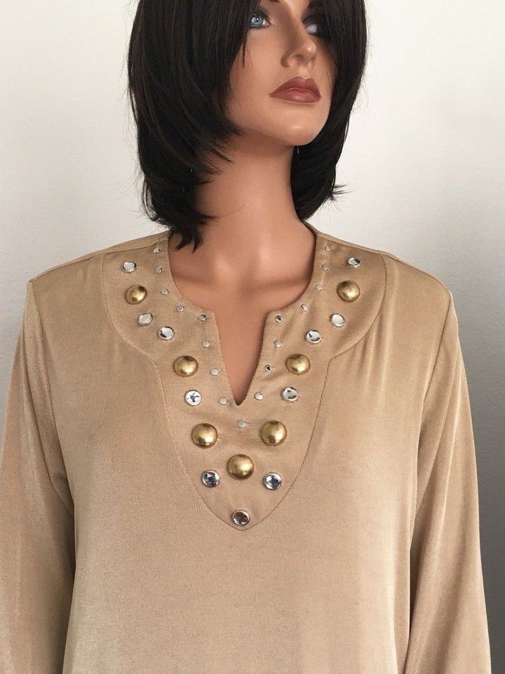 Slinky Brand Tunic Women L Tan Beaded Designer Fashion USA Chic | eBay