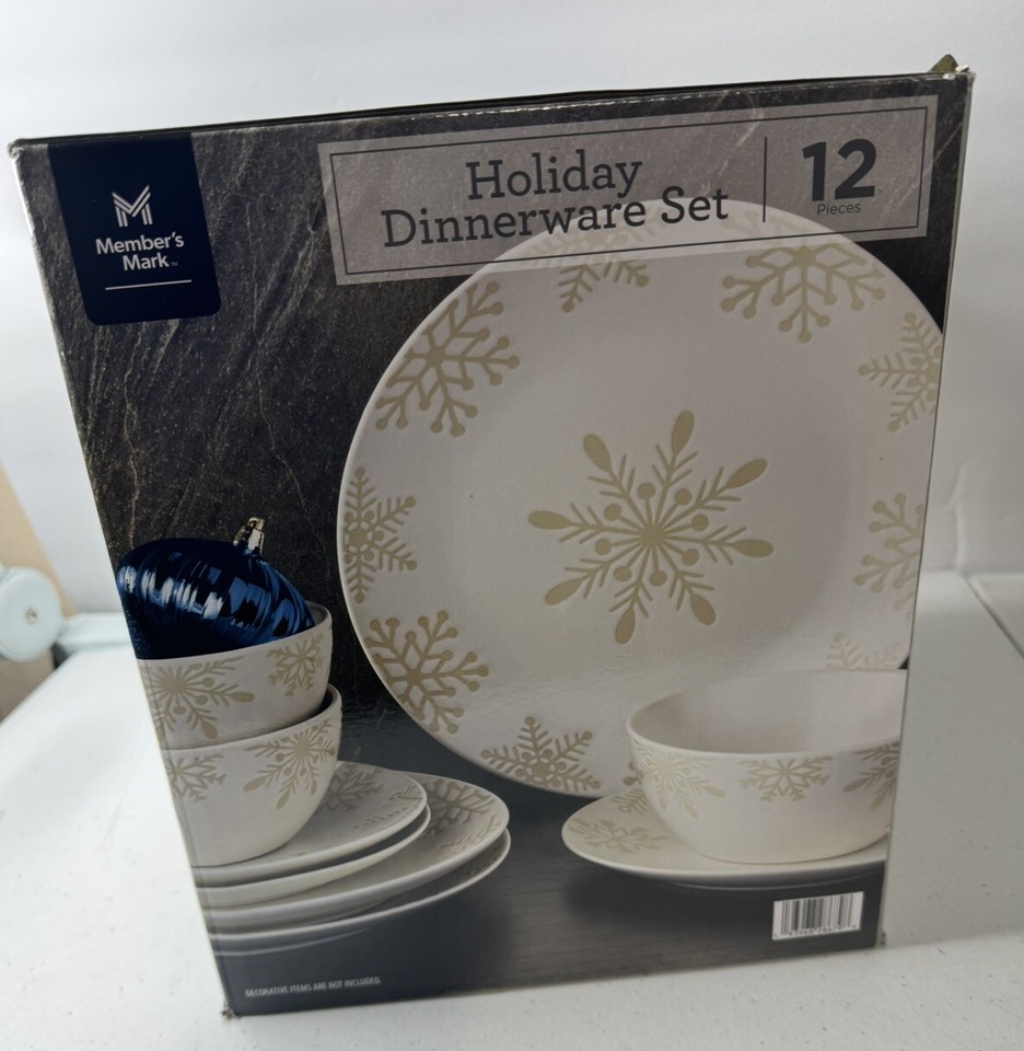 NEW Member's Mark 12 Piece Stoneware Holiday Dinnerware Set Snowflakes ...