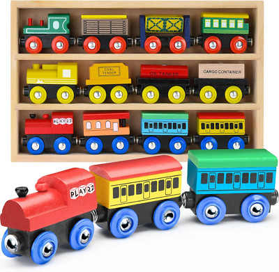 Wooden Train Set 12 PCS - Train Toys Magnetic Set Includes 3 Engines ...