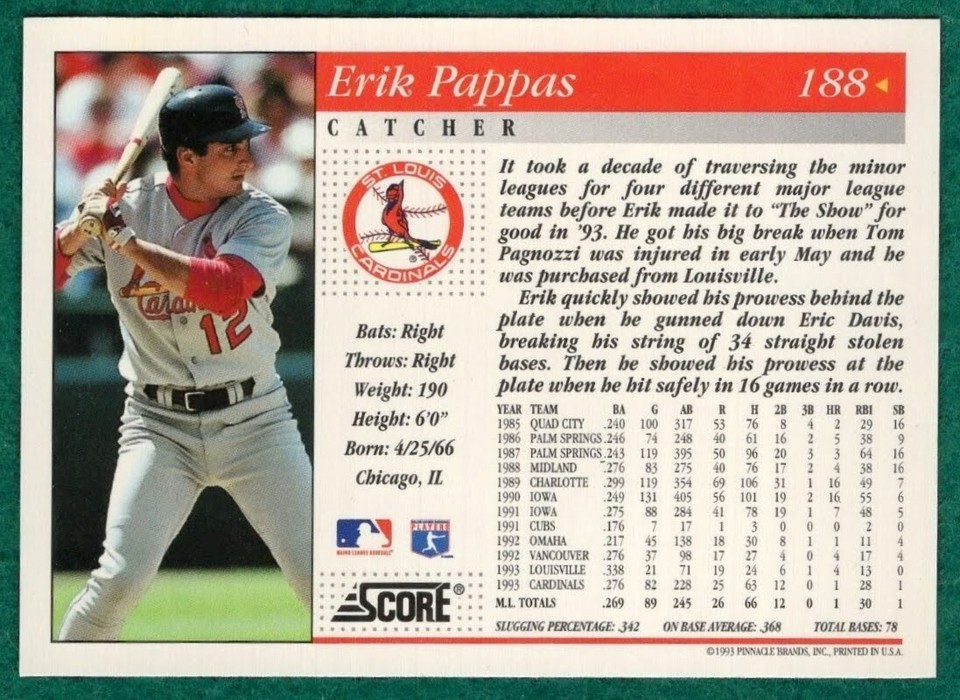 Erik Pappas - 1994 Score #188 - St. Louis Cardinals Baseball Card ...