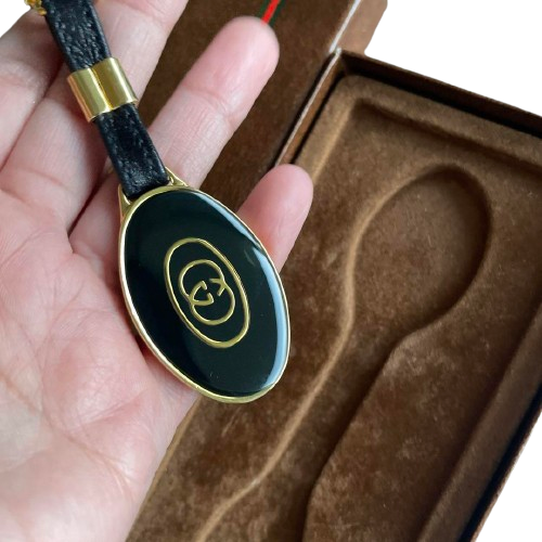 GUCCI Interlocking G Key Ring Key Chain Bag Charm Black Gold Metal ...
