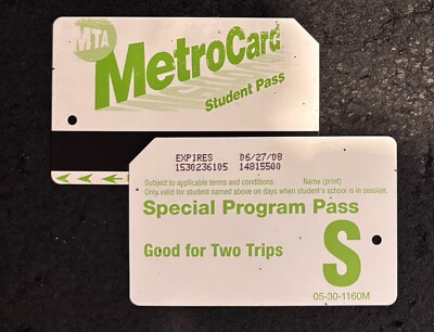 USED NEW YORK CITY MTA METROCARD STUDENT PASS TWO TRIPS | eBay
