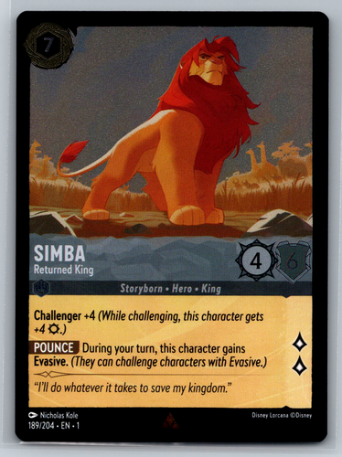 Simba Returned King Disney Lorcana TCG Foil Rare 189/204 Storyborn Hero ...